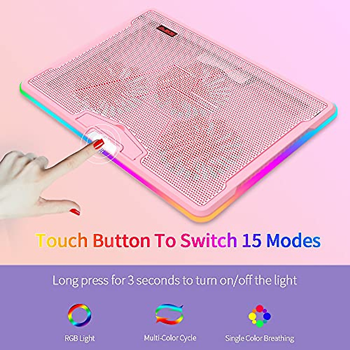 NACODEX Pink RGB Laptop Cooling Pad with 3 Quiet LED Fans and Touch Control for 15.6"-17" Laptop, Adjustable Comfortable Height Portable Cooler, Durable Pure Metal Panel (Pink)