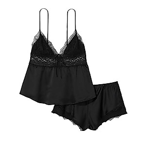 Victoria's Secret Stretch Lace & Satin Cami Set, Silk Lingerie, Sexy Nightwear, 2 Piece Loungewear Set, Women's Sleepwear, Black (XL)