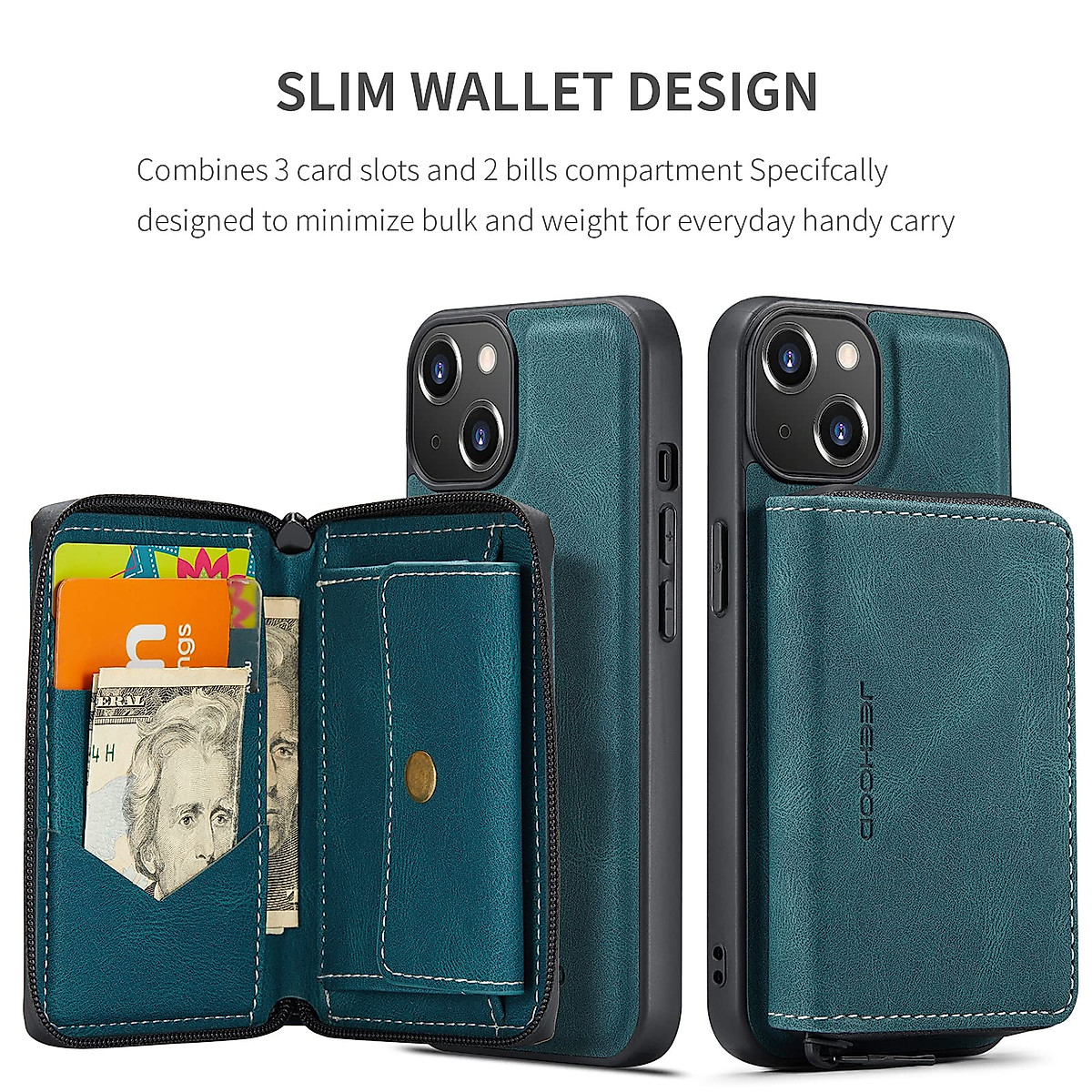 Phone Case for iPhone 14 6.1 inch Wallet Cover with Tempered Glass Screen Protector and Credit Card Holder Zipper Stand Leather Cell Accessories iPhone14 5G i i-Phone i14 iPhone14case Women Blue