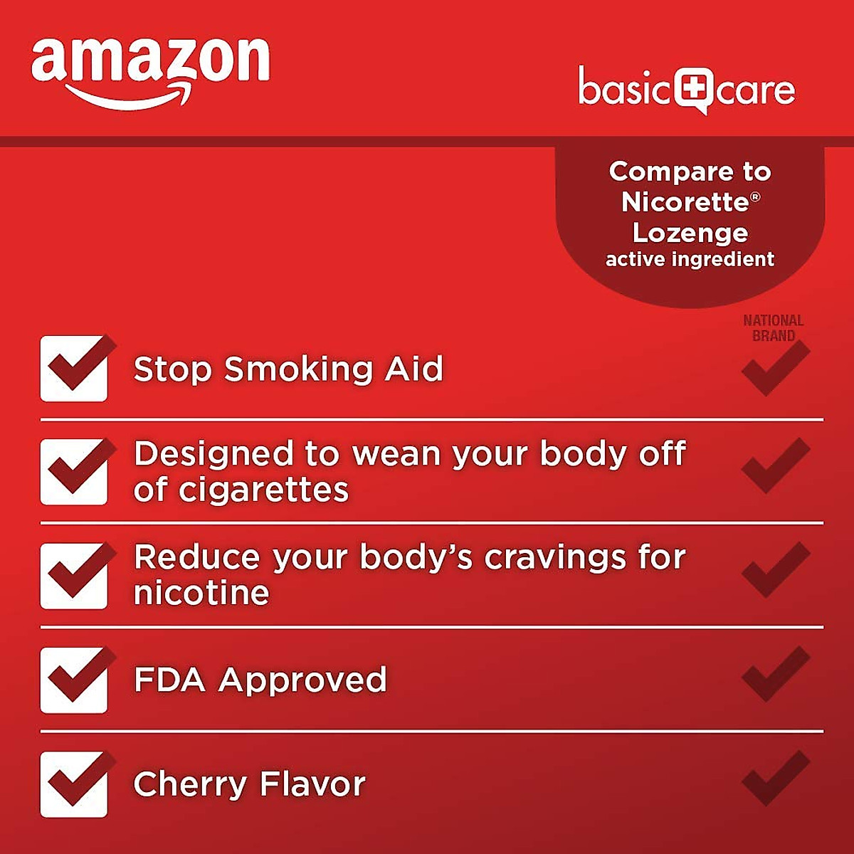 Amazon Basic Care Nicotine Lozenge 4 mg, Stop Smoking Aid, Cherry Flavor, 72 Count, 24 Count (Pack of 3)