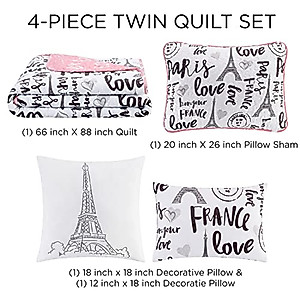 Quaint Home, Pillows, and Shams, 4-Piece Quilt Set, Twin, Bonjour Paris Pink/White/Black