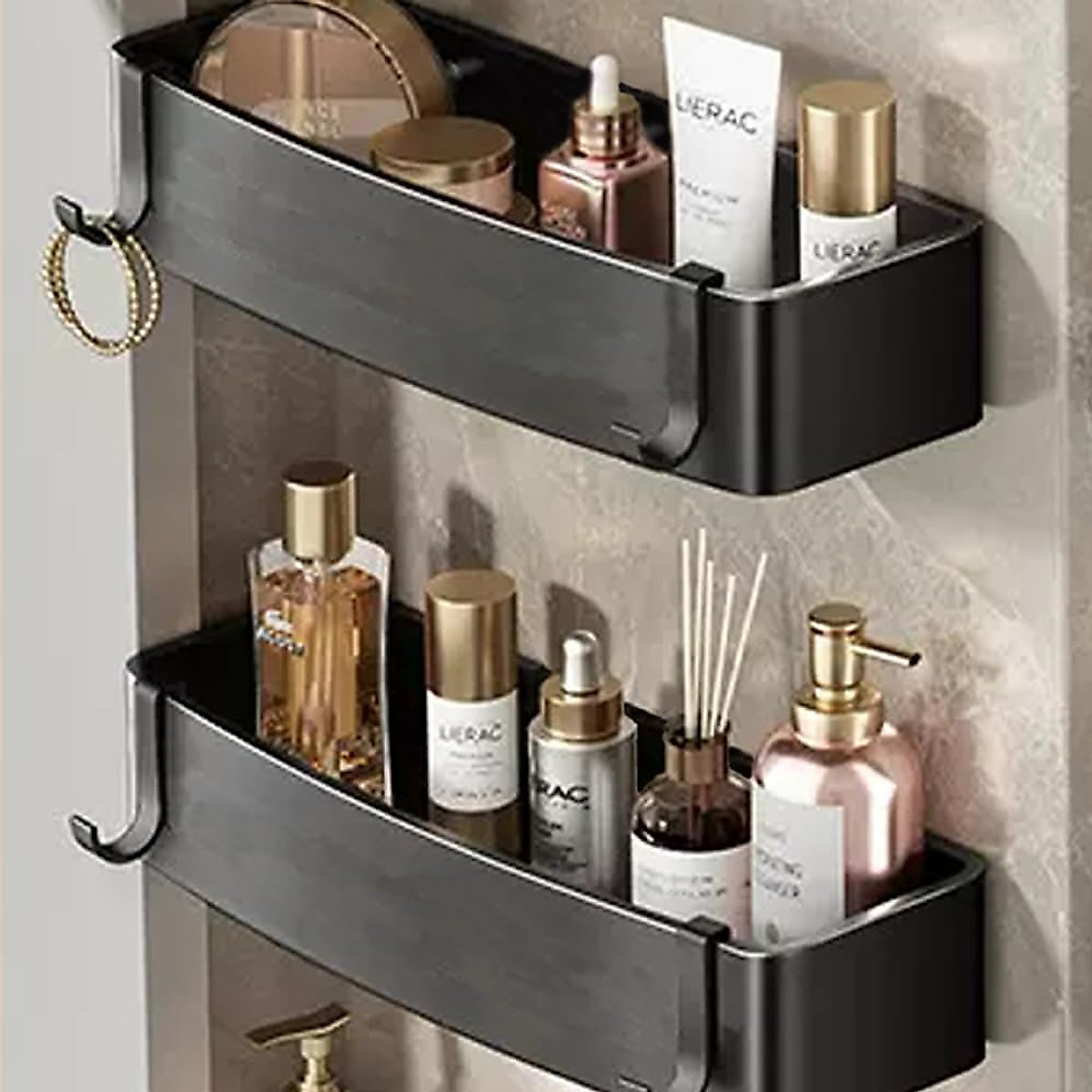 BOZWELL Shower Caddy 2 Pack,Black Adhesive Shower Organizer,Large Capacity for Bathroom Storage&Home Decor&Kitchen,No Drilling with 2 Movable Hooks,Bathroom Shower Accessories 1087-B-2