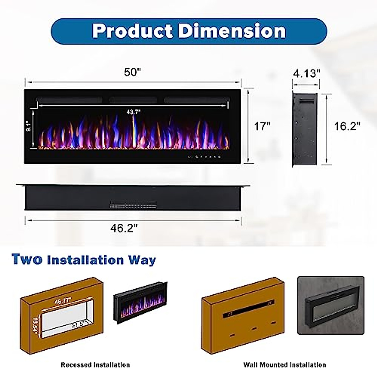 BETELNUT Electric Fireplace 50IN Wall Mounted and Recessed with Remote Control, 750/1500W Ultra-Thin Wall Fireplace Heater W/Timer Adjustable Flame Color and Brightness, Log Set & Crystal Options