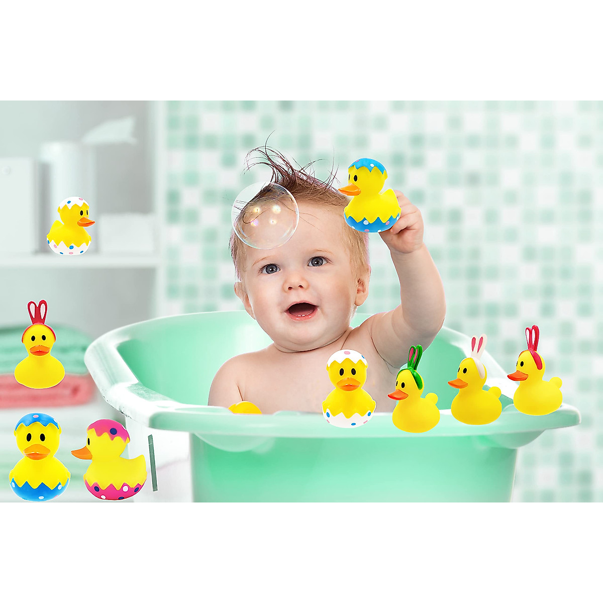 The Dreidel Company Happy Easter Rubber Duck Toy Bunny Rabbit Duckies for Kids Easter Eggs, Bath Birthday Gifts Baby Showers Summer Beach and Pool Activity, 2" (12-Pack)