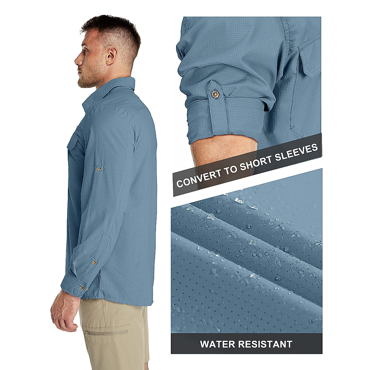 33,000ft Men's Long Sleeve Sun Protection Shirt UPF 50+ UV Quick Dry Cooling Fishing Shirts for Travel Safari Camping Hiking Ocean Blue