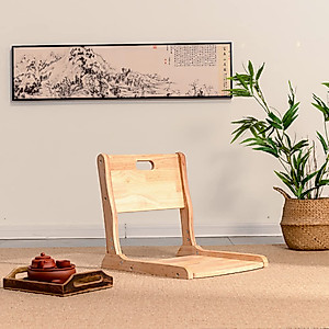 Tatami Chair Accent Furniture,Foldable Meditation Floor Chair, Living Room Chair Floor Seat, Portable Japanese Legless Chair,Lazy Sofa for Bay Window Meditation Reading (Wood Natural + Grey Cushions)