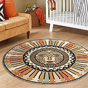 Sungea Retro Sun Round Rug for Bedroom, 4ft Soft Circle Washable Area Rug, Entryway Non-Slip Low Pile Throw Rugs, Carpet for Sofa Nursery Living Dining Room