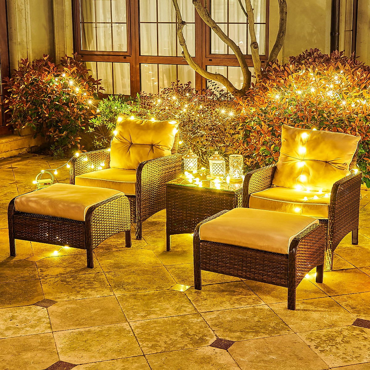 YITAHOME 5 Piece Wicker Patio Furniture Set, Patio Set Porch Furniture Outdoor Lounge Chair with Ottoman and Side Table, Brown