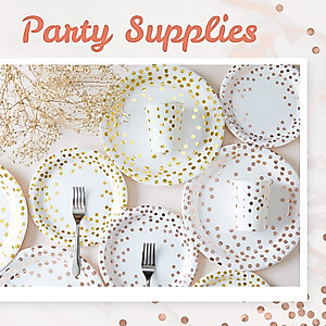 MATICAN Party Paper Plates, 50-Pack Disposable White and Rose Gold Plates, Foil Polka Dots, 9-Inch