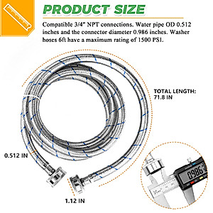 Techecook 6Ft Washing Machine Hoses Stainless Steel Burst Proof Washer Supply Lines- 2Pcs Hot and Cold Washer Hoses- 6Ft Washer Hoses Universal for All Washing Machine Supply Lines- 10 Years Warranty
