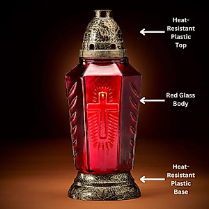 Taultic Lights Cemetery Memorial Candle | Heat Resistant Plastic Top and Base | Remembrance Decorations for Grave | Red Glass Lantern Eternal Candle Holder for Loss of Loved One | Outdoor and Indoor
