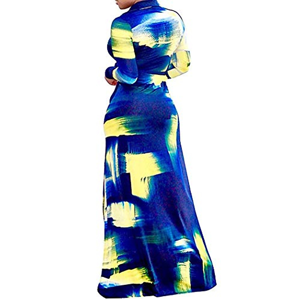 Locryz Women's V Neck 3/4 Sleeve Digital Printed Loose Long Maxi Party Dress with Belt (M, Blue)