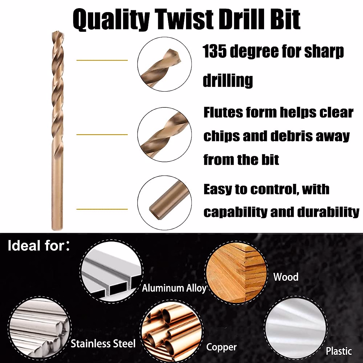 Utoolmart 2Pcs 6.5mm Heat Resistant Twist Drill Bit, Titanium Coated High Speed Steel Bit, M35 Cobalt Steel HSS-CO Grade with Straight Shank, Cut Through Hard Metals, Steel Copper, Aluminum Alloy