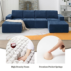 Minimalist Style Modular Sectional Sofa, Luxury Chenille Fabric Cloud Couch with Movable Ottoman, Sleeper Sofa Bed for Living Room, No Assembly Require-Blue