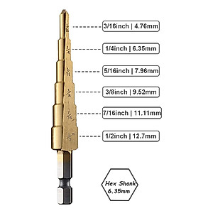 Mesee 3 Pcs Step Drill Bit Set, High-Speed HSS Steel Step Cone Drill Bits 1/4 Inch Hex Shank Step Drill Titanium Coated Hole Drilling Cutter Tool for Wood Plastic Sheet Metal
