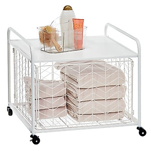 mDesign Small Portable Mini Fridge Storage Cart with Wheels and Handles - Mobile Refrigerator, Microwave, Appliance Platform Table with Drawer Basket for Dorm Room, Studio, Apartments - White