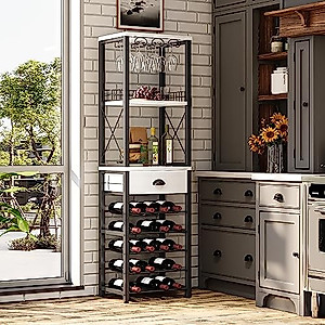 Homeiju Wine Rack Freestanding Floor, Bar Cabinet for Liquor and Glasses, 4-Tier bar Cabinet with Tabletop, Glass Holder, Storage Drawer and Wine Storage for Living Room, Home Bar(Patent No.D29872845)