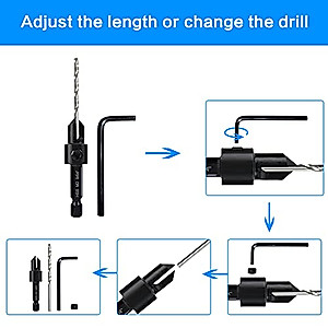 7 Pack Countersink Drill Bits Set, Wood Drill Countersink Counterbore 3in1, Three 82-Degree Chamfer Cutters, M2 Counterbore Cutting Depth Adjustable, with 2 Allen Wrenches and 1/4” Hex Shank