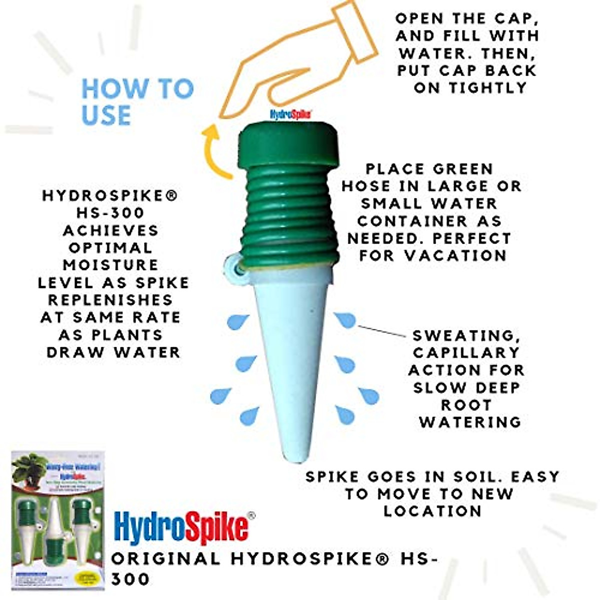 HydroSpike HS-300 (3-Pack) Worry-Free Automatic Plant Watering Devices Kit. Self Auto Waterer Spikes, Bulbs, Stakes Irrigation System for Indoor House Plants, Vacation. No Glass Globe Bottle, Jug, Can