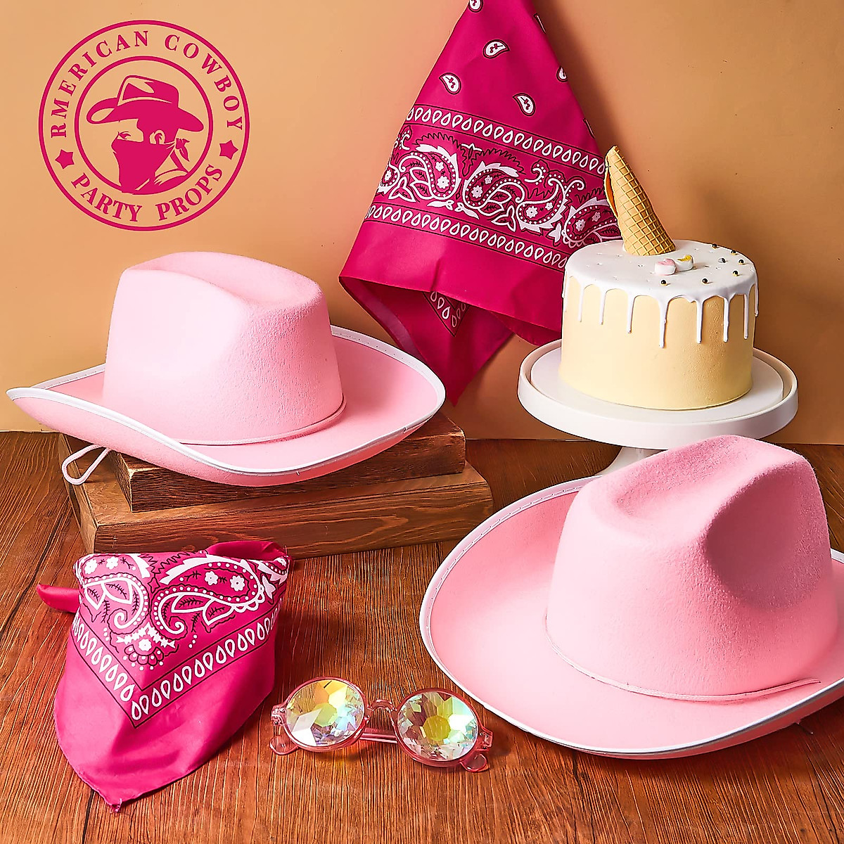 Tarpop 24 Pieces Pink Cowgirl Hat Feather with Paisley Bandanas for Western Cowgirl Party Costume Accessories(Cute Style)