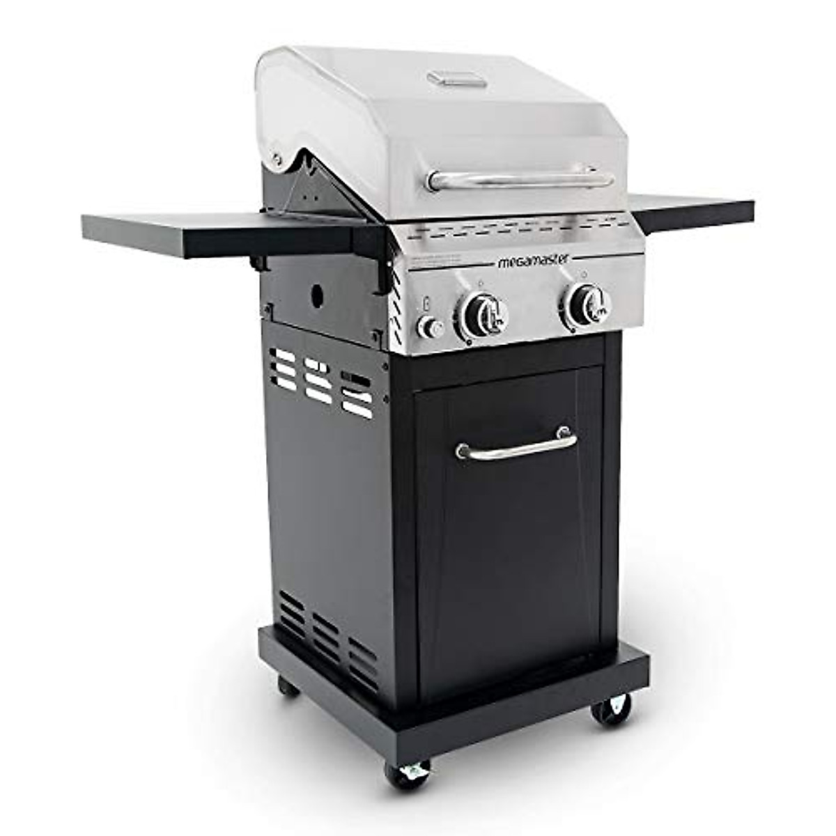 Megamaster 720-0864MA 2 Burner Propane Barbecue Gas Grill, for Camping, Outdoor Cooking, Patio, Garden Barbecue Grill, 28000 BTUs, with Foldable Side Table, Silver and Black