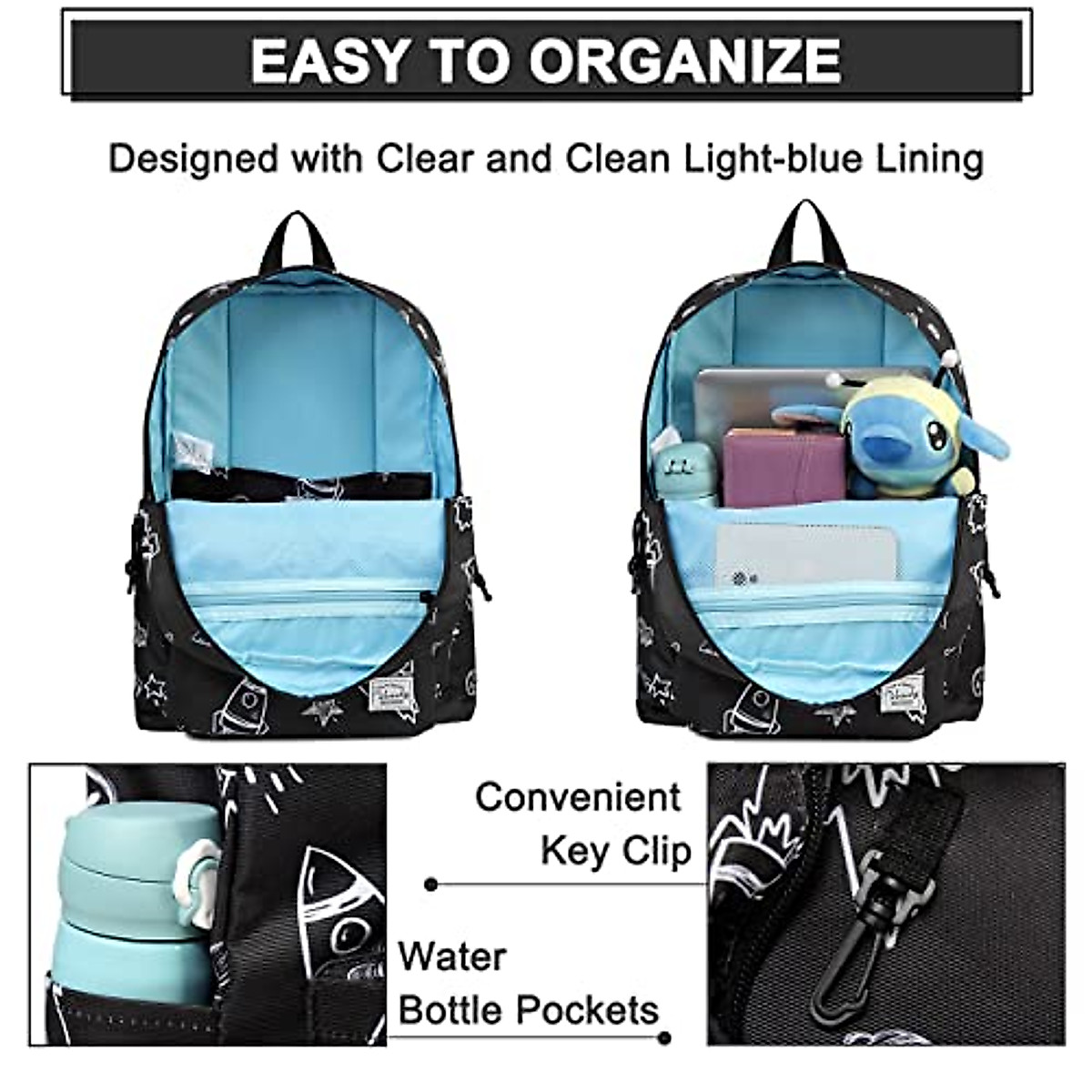 VASCHY Backpack for School, Lightweight Water Resistant Bookbag Casual Daypack for Man/Boys Rockets