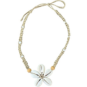 BlueRica Cowrie Shells Flower Pendant on Braided Hemp Cord Choker Necklace with Puka Shell Beads