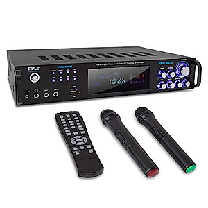 4 Channel Bluetooth Power Amplifier - 1000W Home Audio Rack Mount Stereo Receiver w/AM FM Radio, USB, Headphone, Dual Wireless Mic w/Echo for Karaoke, LED, for Speaker Sound System - Pyle PWMA1003BT