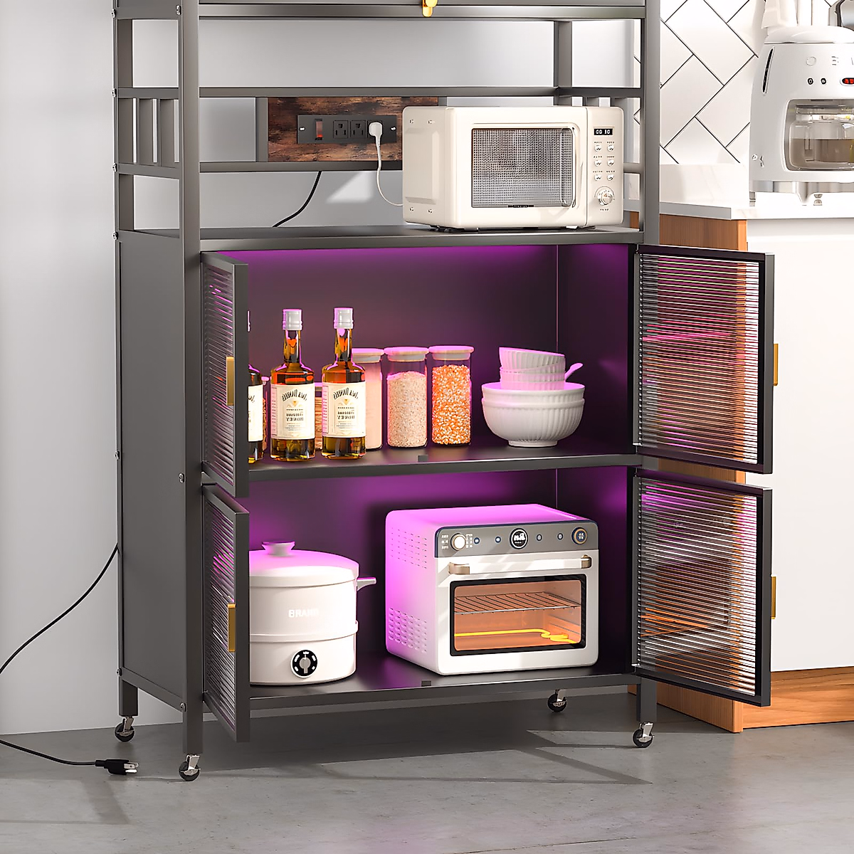 REENLIV 5-Tier Bakers Rack with Power Outlet, Microwave Stand, Bread Rack,Coffee Stand, Baker's Rack with Rolling Wheels and 4 Hooks, Kitchen Shelves for Spices, Pots and Pans,Black