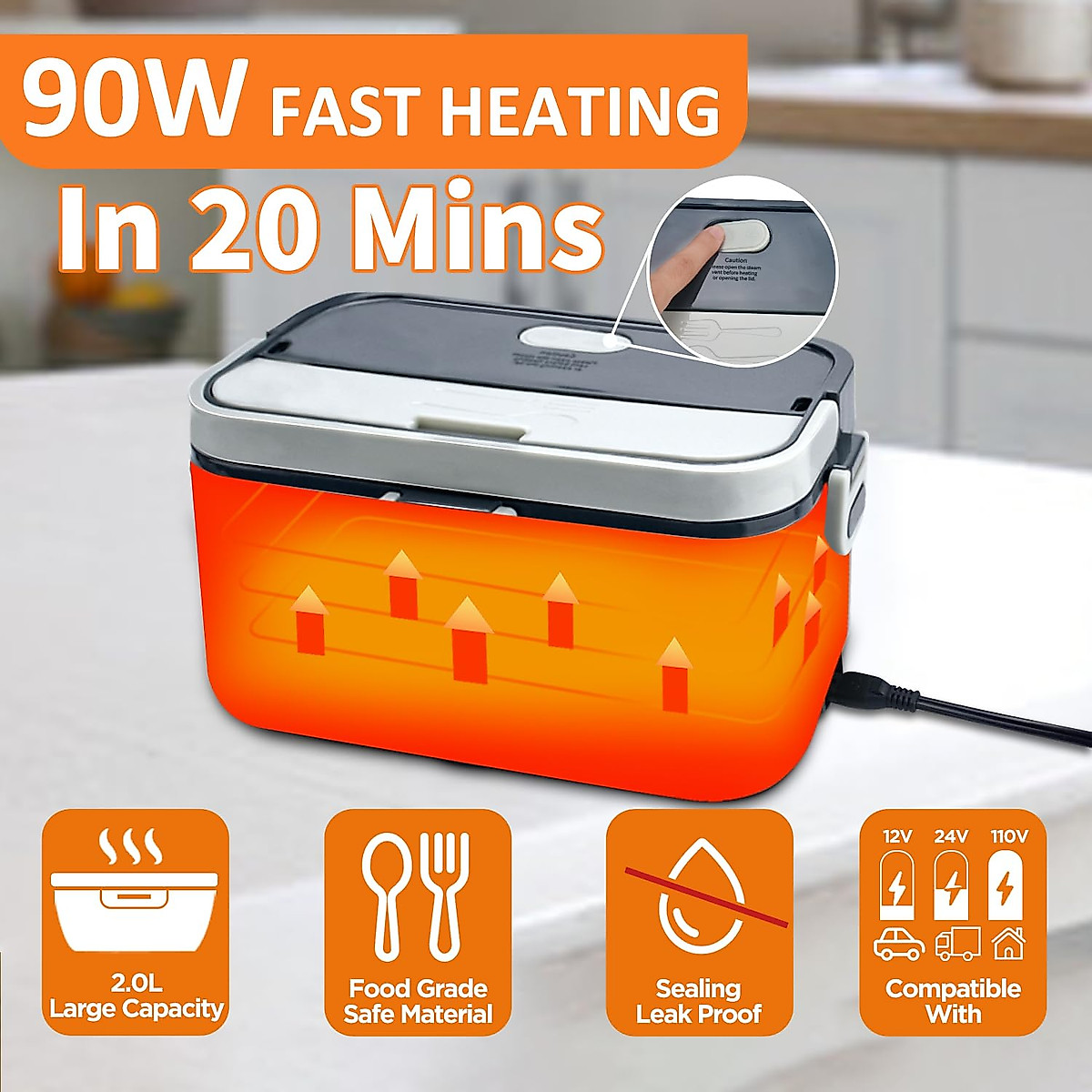 Auingote Electric Lunch Box for Adults 90W Heated Lunch Box - 12/24/110V Portable Food Warmer with 2L Stainless Steel Container - Food Heater Lunch Warmer for Car, Truck, Office - Grey