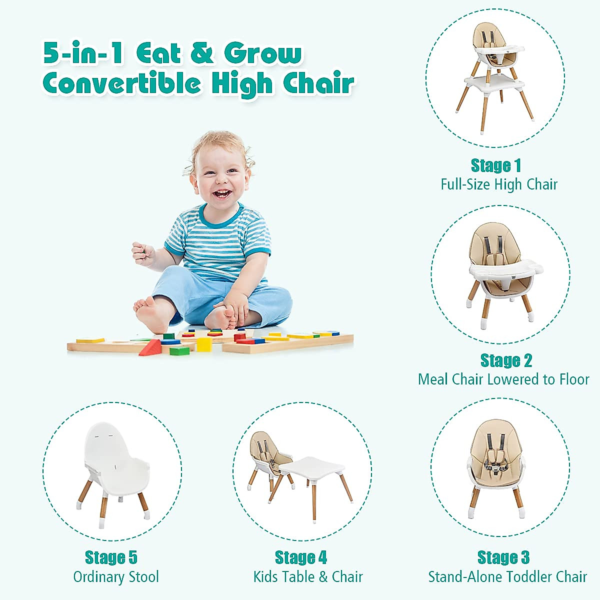 BABY JOY 5 in 1 High Chair, Convertible High Chairs for Babies and Toddlers/Booster Seat/Table and Chair Set, Infant Wooden Highchair w/ 5-Point Harness, 4-Position Removable Tray & PU Cushion (Khaki)