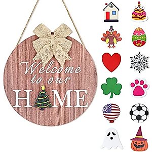 Welcome Home Sign, Interchangeable Front Porch Door Decor With 12 Changeable Icons for Halloween/Christmas/Independence Day, Round Wooden Hanging Sign Housewarming Gift for Home Outdoor Indoor