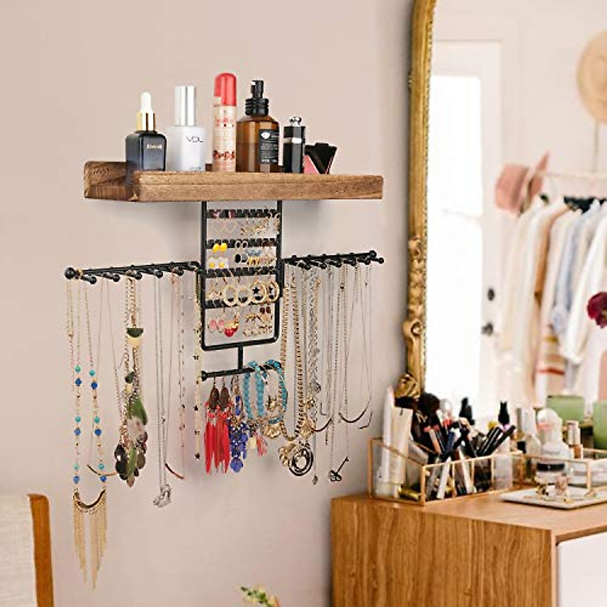 Jewelry Organizer Wall Mounted Rotating Jewelry Holder Hanging Storage Display for Necklaces Bracelet Earring Ring (Carbonized Black)