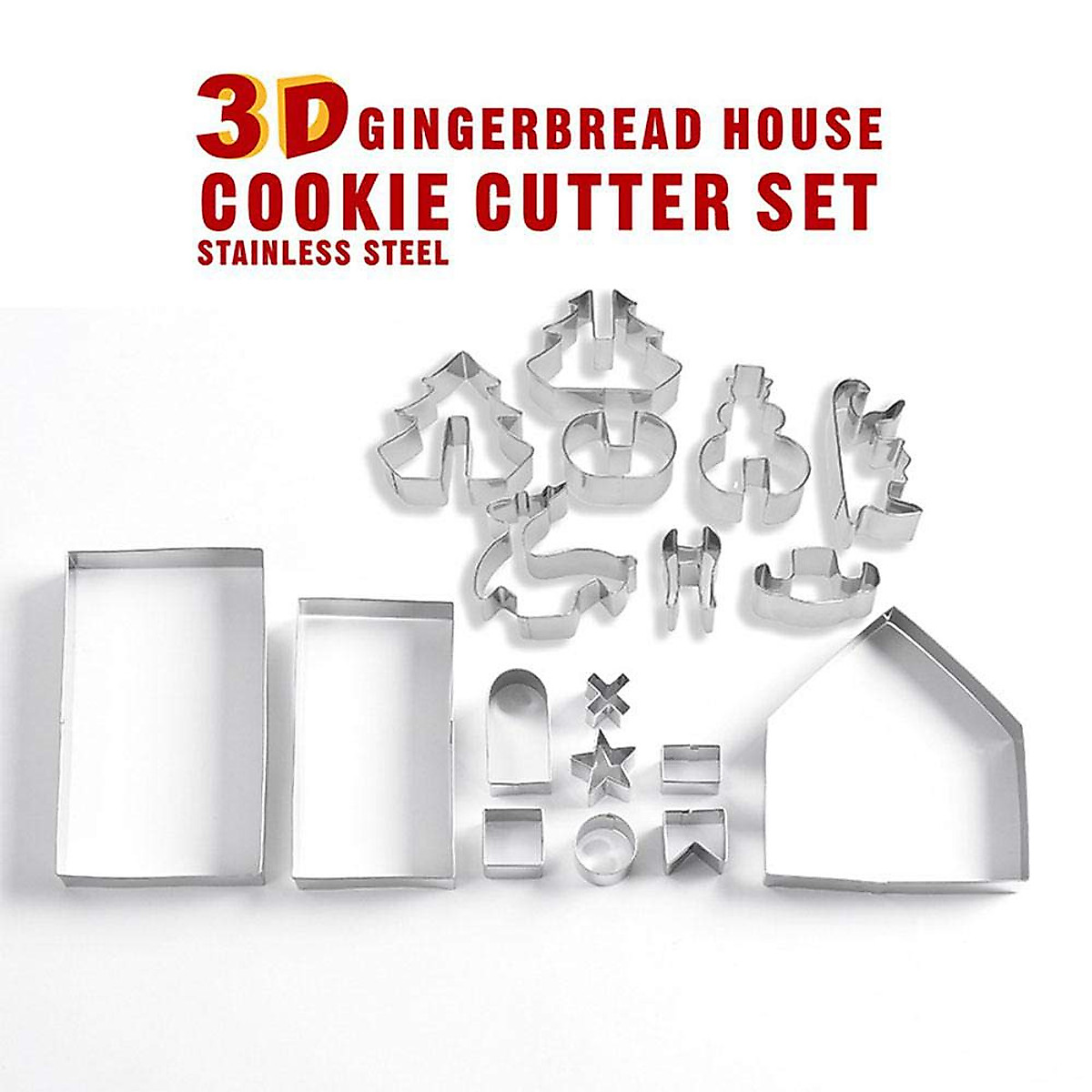 3D Christmas House Cookie Cutter Set, Gingerbread House Cutters Kit, Festive Xmas Stainless Steel Biscuit Cutter Set, Including Christmas Tree, Snowman, Reindeer, Sled Shapes, Gift Box Package(18pcs)
