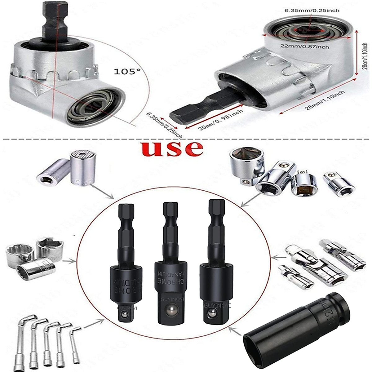 Power Hand Tools,Impact Driver Bit Set,360°Rotatable,3Pcs1/4"3/8"1/2"Hex Shank Set Power Drill Cordless Impact Sockets Bit Set Adapter,1/4Inch Hex Shank,to Drive for Adapters to Use with Drill Chucks
