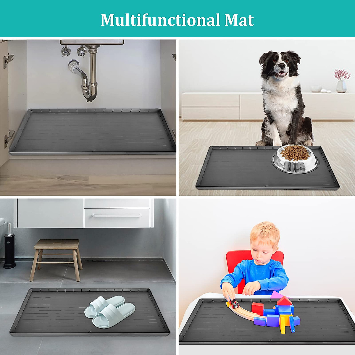 34" x 22" Under Sink Mat, Silicone Under The Sink Mat for Kitchen Waterproof, Under Sink Drip Tray with Drain Hole for Cabinet Protector, Hold Up to 3 Gallons Liquid