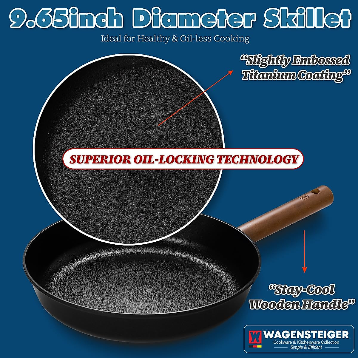 WAGENSTEIGER Aluminum Frying Pan with Titanium Coated Non-Stick Surface, 7-Layer Coating With Zelkova Wooden Handle, Restaurant & Business Grade, Made in South Korea (16.34L x 9.65W x 1.77H Inches)