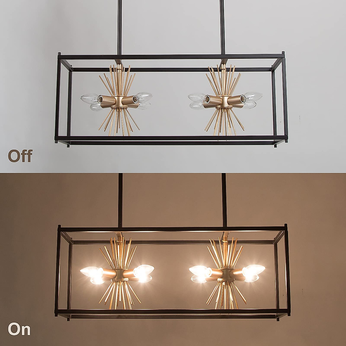 PHOSANT LIGHTING Black Gold Chandelier, 8-Light Linear Island Lights for Kitchen, 26" Modern Farmhouse Chandelier for Dining Room with Sputnik Spikes