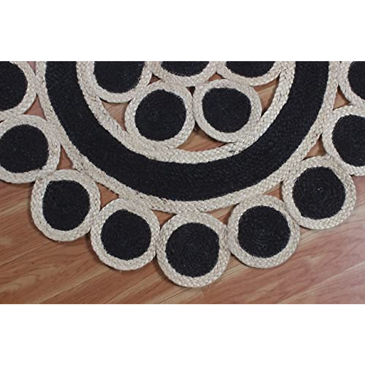 CASAVANI Cape Code Circle Area Rug - 6 x 6 Feet Beige Black Pattern Natural Jute Mat Ideal for High Traffic Area in Bedroom Bedside Round Dining Side Round Living Room Hallway and Kitchen Mat