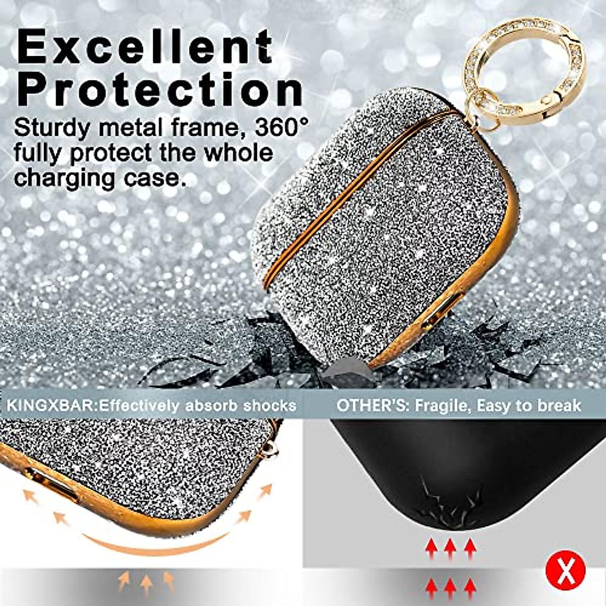 KINGXBAR Luxury AirPods Pro Case Bling Sparkle Crystals Cute Glitter Chic Design Shockproof Protective Hard Cover with Accessories Keychain for Apple AirPods Pro Silver for Girls Women