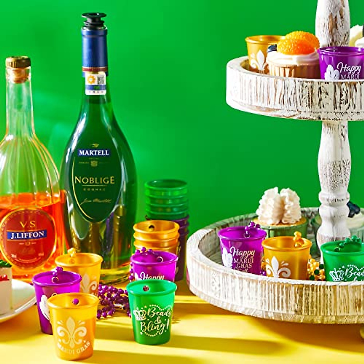 24 Pieces Mardi Gras Shot Glass on Beaded Necklace Mardi Gras Plastic Cups Fun Shot Glasses for Mardi Gras Party Supplies, 3 Styles