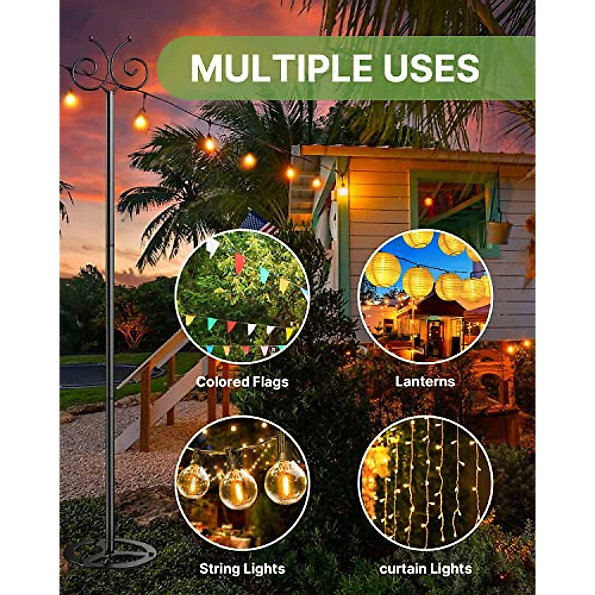 Outdoor String Light Poles 2 Pack, 9 FT Light Poles for Hanging Outside String Lights with Hooks, Adjustable Metal String Light Pole for Patio Fence Backyard Deck Garden Bistro Christmas Wedding