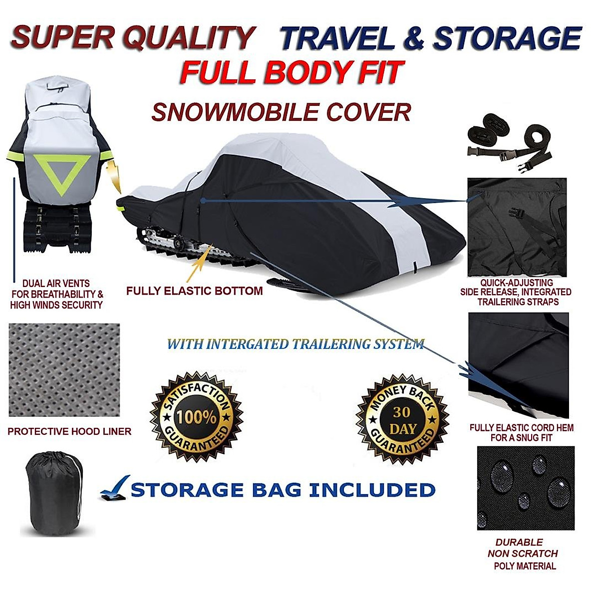 Full Fitment Snowmobile Cover Compatible for the Ski Doo Bombardier Backcountry X-RS 850 ETec 146model years 2020-2023. 600 Denier black and gray, trailerable.