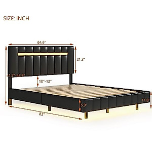 Queen Size Floating Bed Frame,with LED Atmosphere Lights ＆ USB Charging,Modern Upholstered PU Platform LED Bed Frame,Adjustable Headboard Smart Thick Bed, Noiseless No Box Spring Needed (Black)