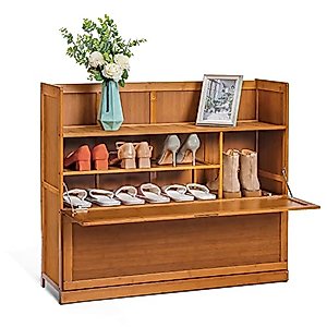 MoNiBloom 5 Tier Shoe Storage Cabinet, Bamboo Boots Heels Sneakers Rack Organizer with Pull-Down Door for 16-20 Pairs Entryway Hallway Living Room, Brown