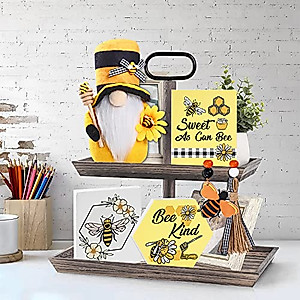 5 pcs Honey Bee Gnome Tiered Tray decor (Tray Not Included) - Bumble Bee Gnome Plush, Bee World Day Wooden Sign, Bee Wooden bead garland ,for Spring and Summer kitchen table decor