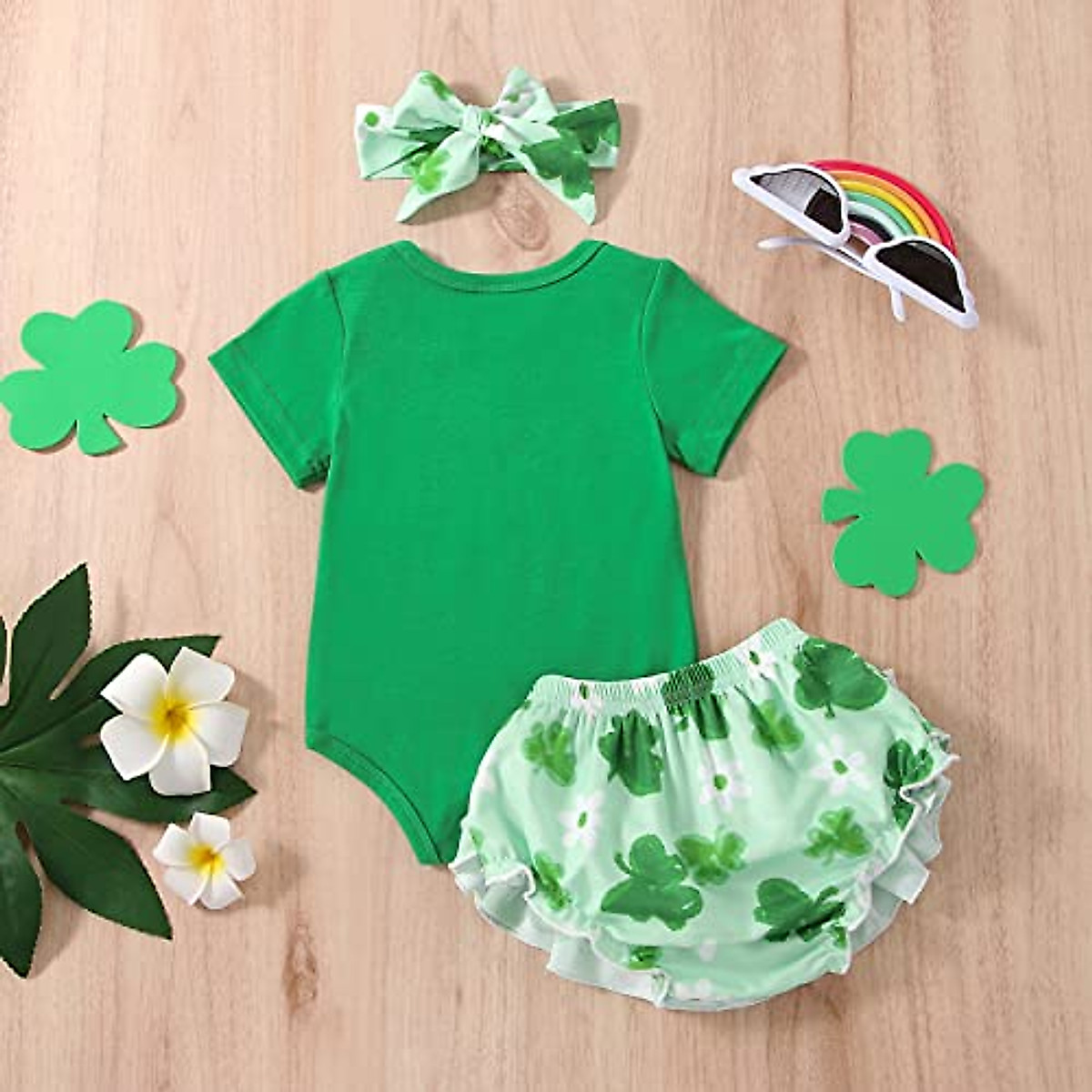 Infant Baby Girl Letters Print Romper Bodysuit High Waist Clover Tutu Shorts Bottoms St. Patrick's Day Clothes (Green,3-6 Months)