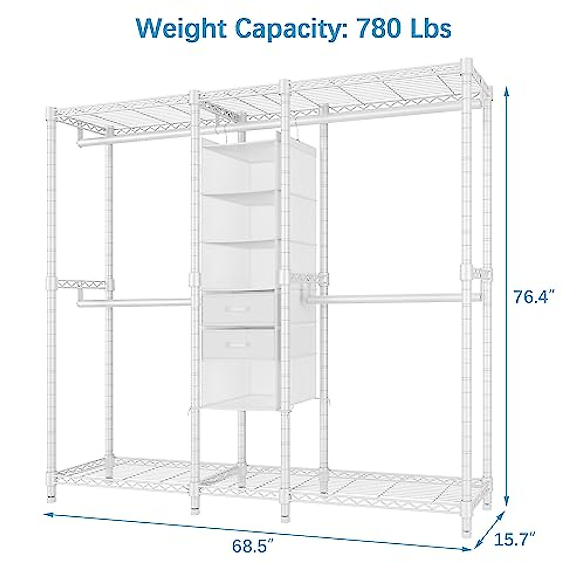VIPEK V6E Heavy Duty Clothes Rack Large Garment Rack for Hanging Clothes, Portable Clothing Rack Metal Freestanding Closet Wardrobe System with Hanging Closet Organizer, Max Load 780 LBS, White