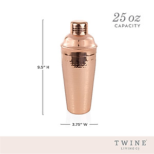 Twine Hammered Copper Cocktail Shaker, Stainless Steel Cobbler Shaker With Strainer, Copper Plated, 25 Ounces, Set of 1