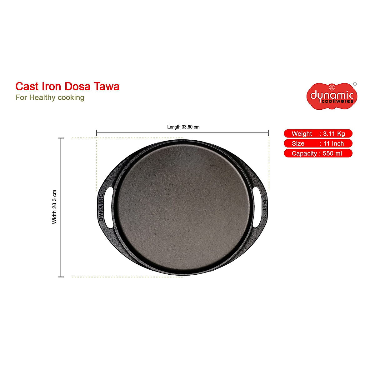 DYNAMIC COOKWARES Cast Iron Dosa Tawa 11 Inch, 28CM